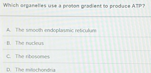 Solved: Which organelles use a proton gradient to produce ATP? A. The smooth endoplasmic ...