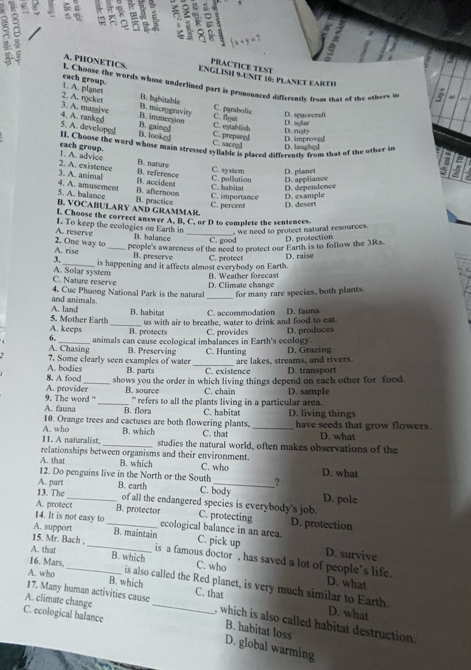 Giải quyết: x+y=7 PRACTICE TEST A. PHONETICS. ENGLISH 9-UNIT 10: PLANET ...
