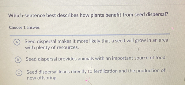 Solved: Which sentence best describes how plants beneft from seed ...