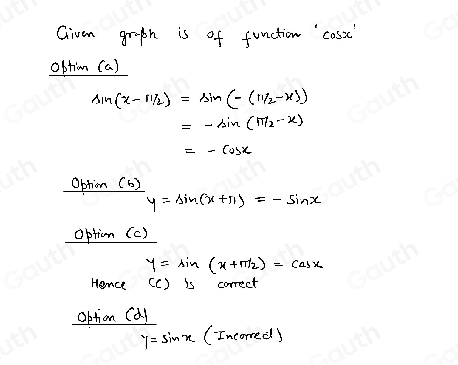 Solved: Find the equation. A. y=sin (x-π /2) B. y=sin (x+π ) C. y=sin ...