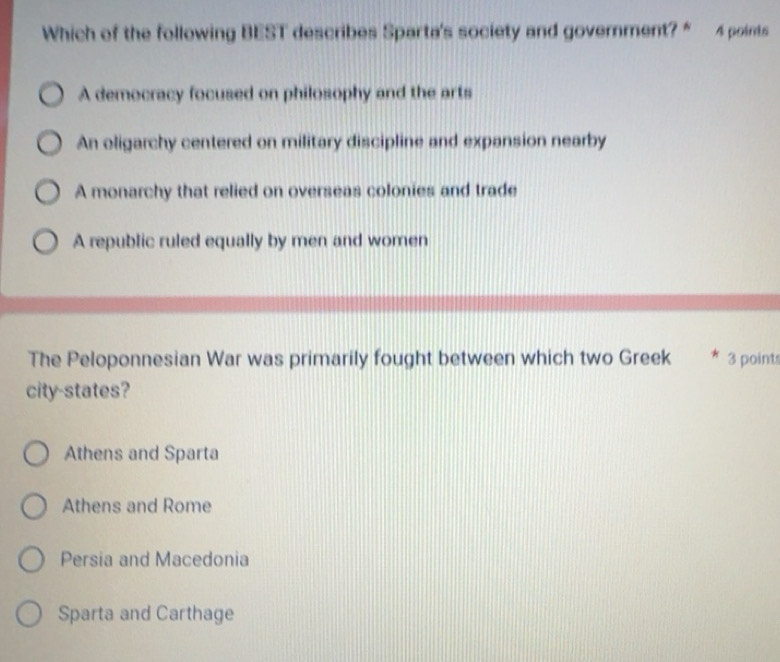 Solved: Which of the following BEST describes Sparta's society and ...