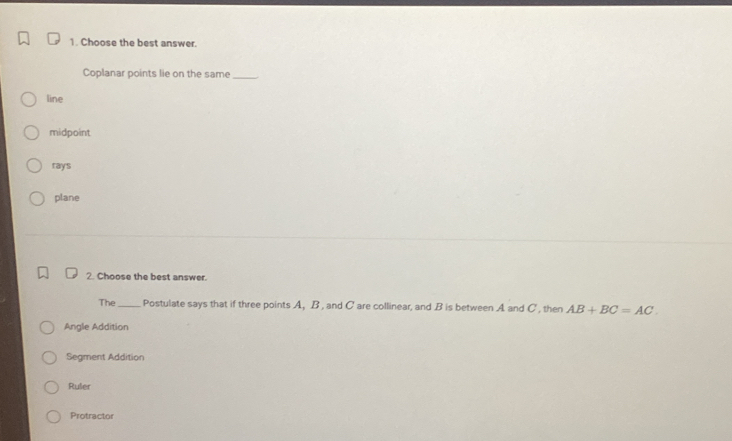 Solved: Choose the best answer. Coplanar points lie on the same_ line ...