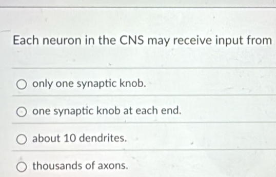 Solved: Each neuron in the CNS may receive input from only one synaptic knob. one synaptic knob ...