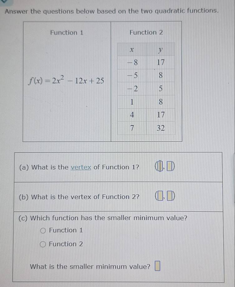 Solved: Answer the questions below based on the two quadratic functions ...