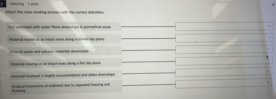 Solved: Matching 1 point Match the mass wasting process with the ...