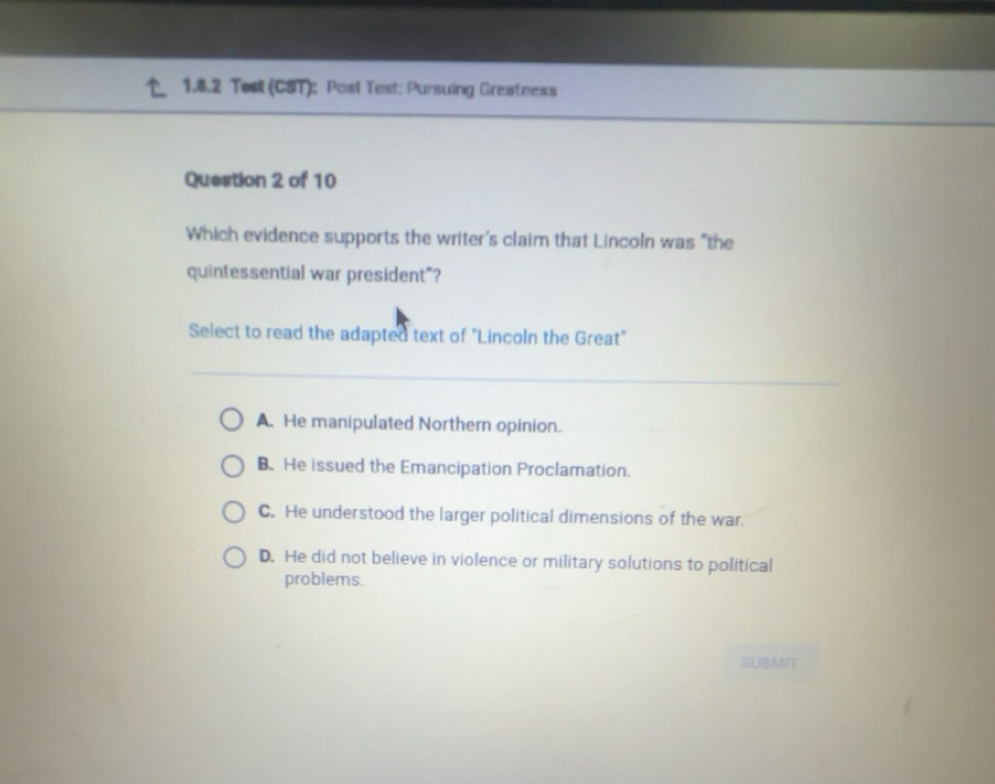 Solved: Test (CST): Post Test: Pursuing Greatness Question 2 of 10 ...