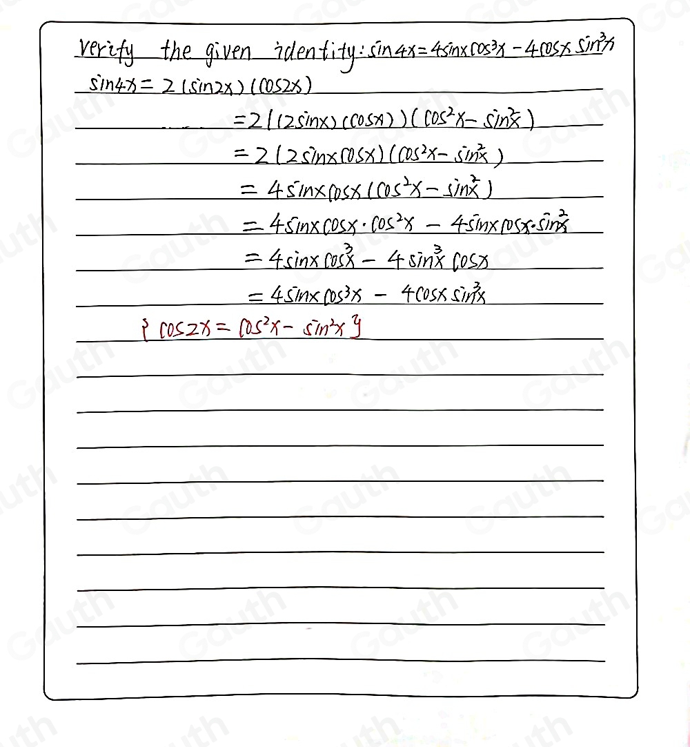 Solved: Verify the given identity. sin 4x=4sin xcos^3x-4cos xsin^3x ...