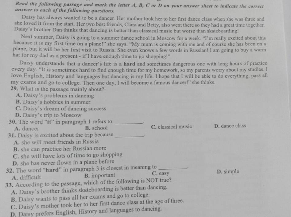 Giải quyết:Read the following passage and mark the letter A, B, C or D ...