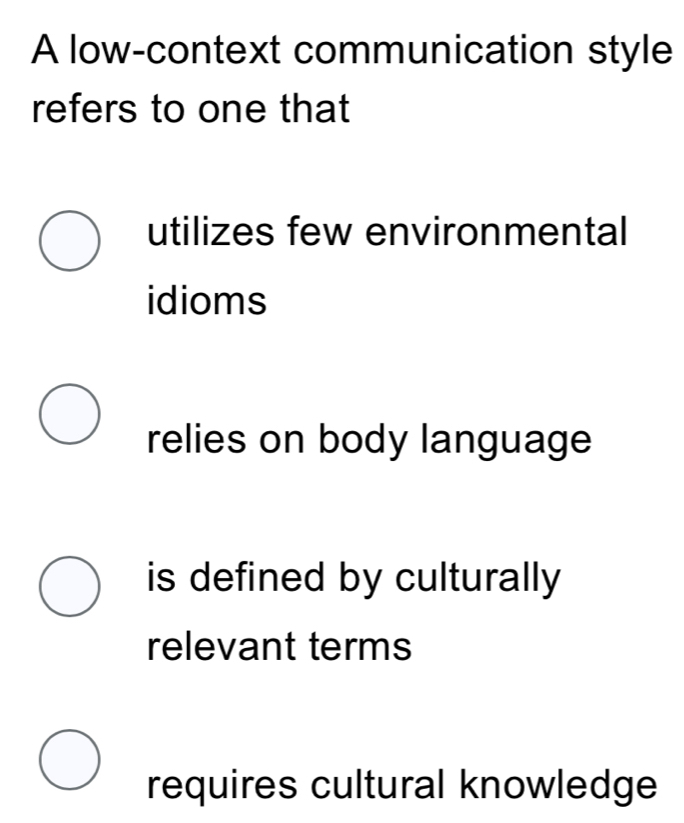 Solved: A low-context communication style refers to one that utilizes ...