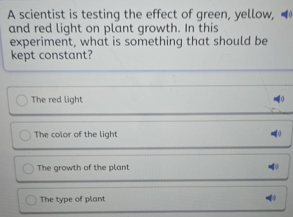 Solved: A scientist is testing the effect of green, yellow, ) and red ...