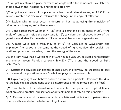 Solved: A light ray strikes a plane mirror at an angle of 35° to the ...