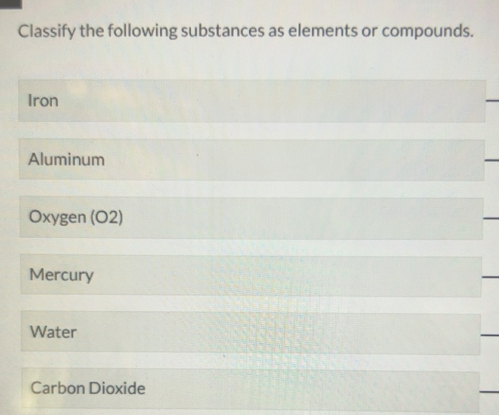Solved: Classify the following substances as elements or compounds ...