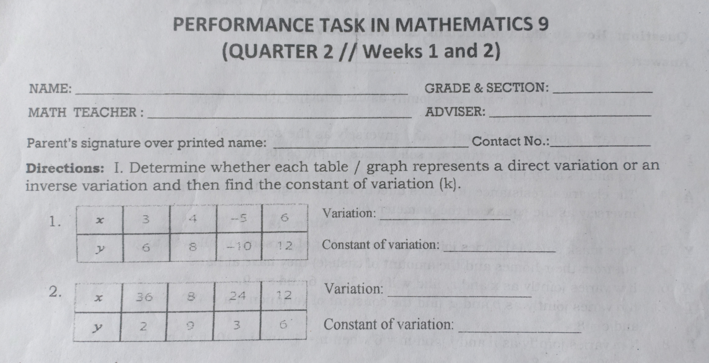 Solved: PERFORMANCE TASK IN MATHEMATICS 9 (QUARTER 2 // Weeks 1 and 2 ...