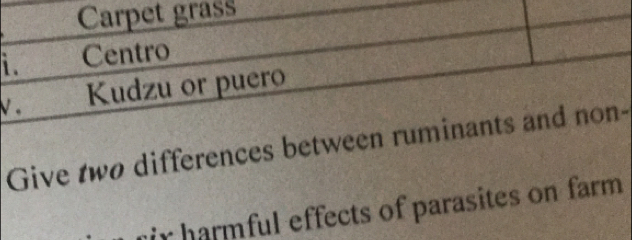 Solved: Carpet grass i . Centro √. Kudzu or puero Give two differences ...