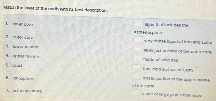 Solved: Match the layer of the earth with its best description. 1 ...