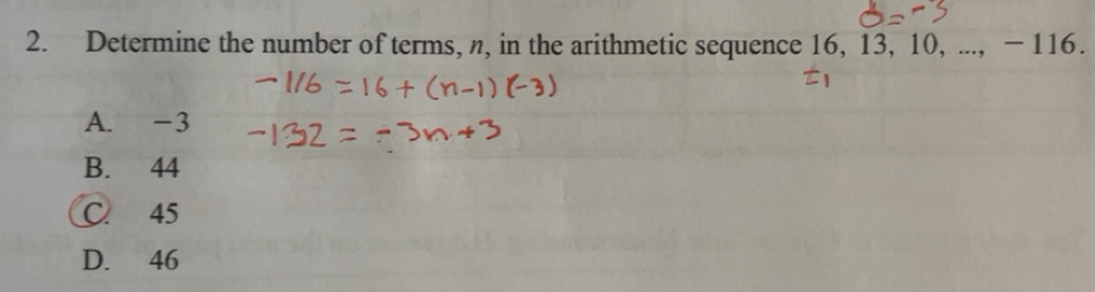 Solved: Determine the number of terms, n, in the arithmetic sequence 16 ...