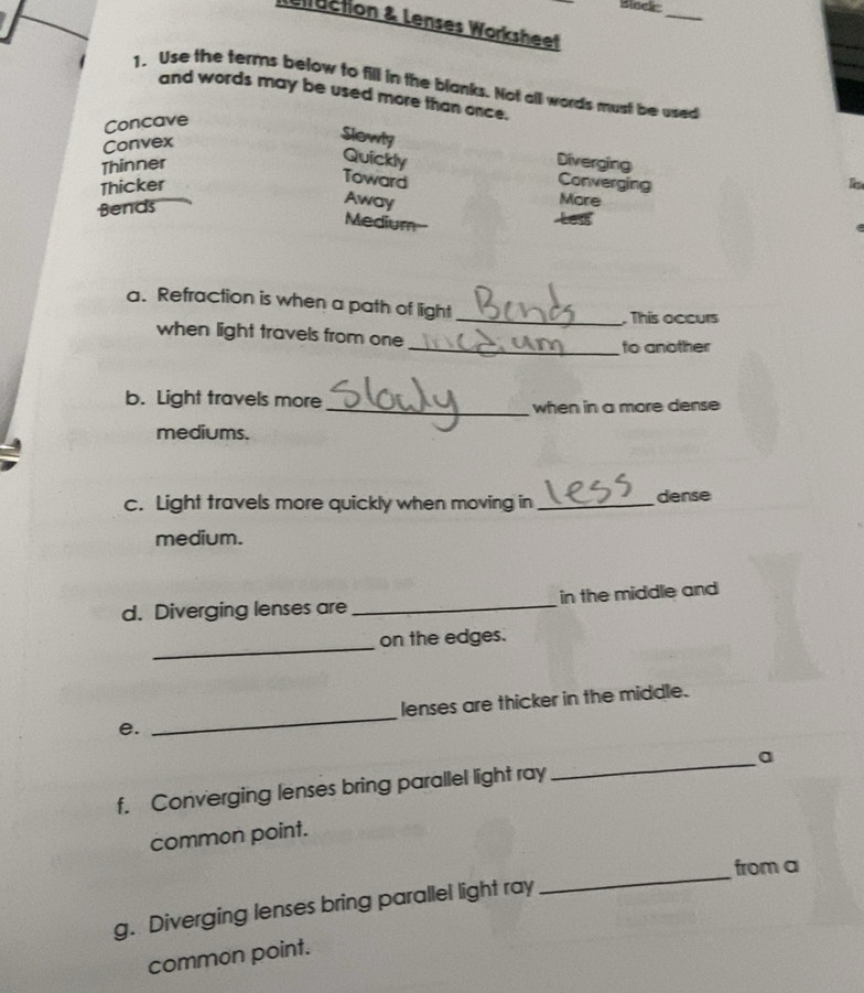 Solved: Block_ elfuction & Lenses Worksheet 1. Use the terms below to ...