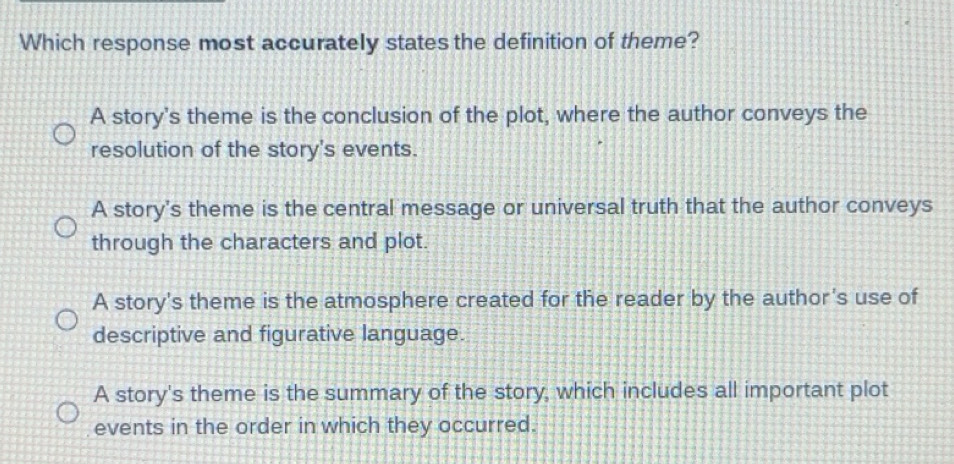 Solved: Which response most accurately states the definition of theme ...