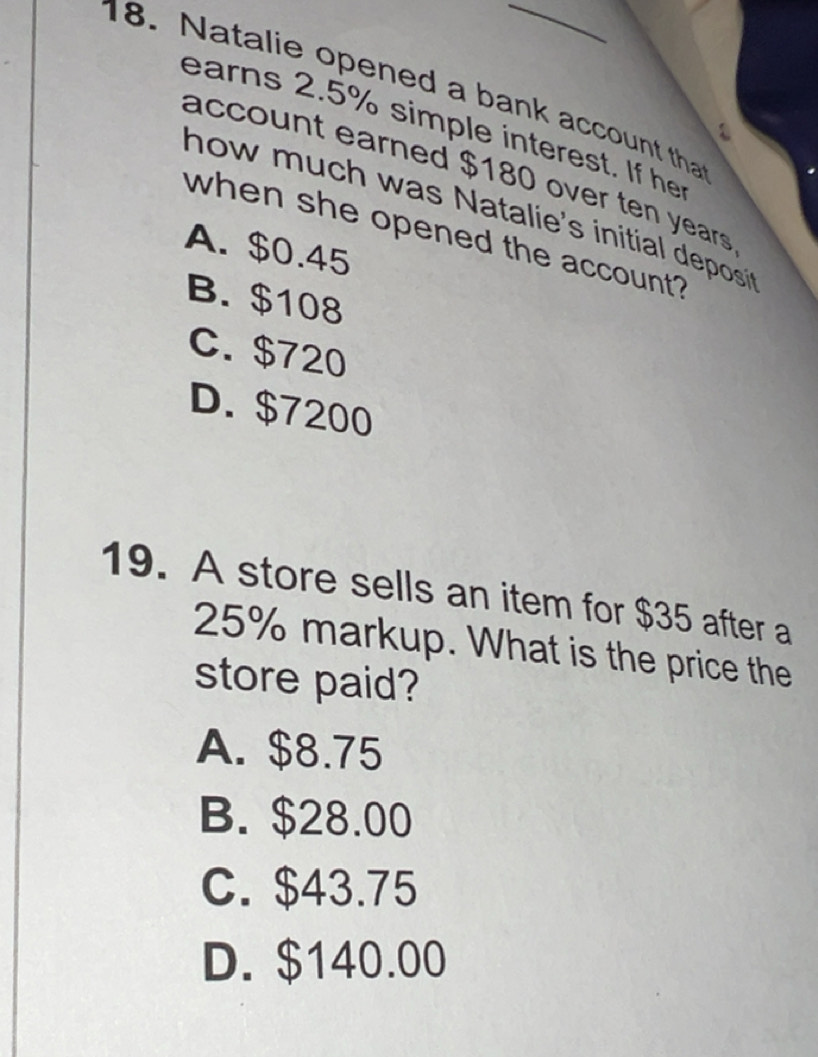 Solved: Natalie opened a bank account th earns 2.5% simple interest. If ...