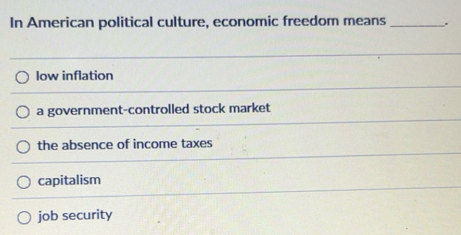 Solved: In American political culture, economic freedom means_ . low ...