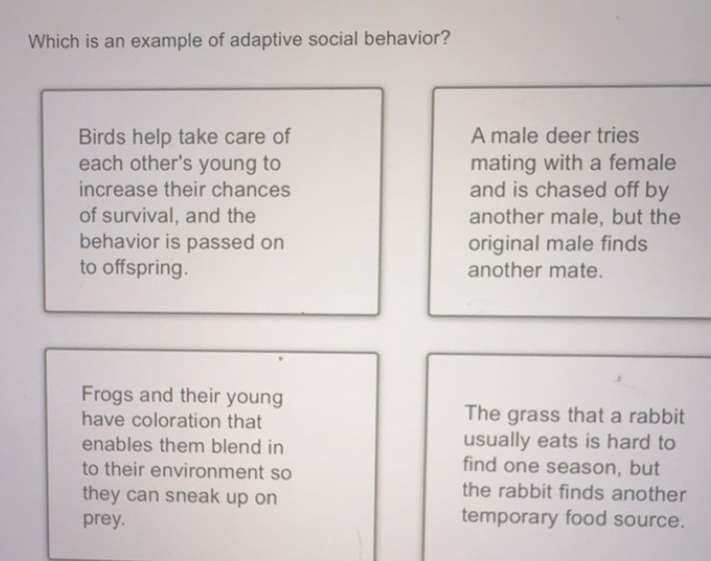 Solved: Which is an example of adaptive social behavior? Birds help ...
