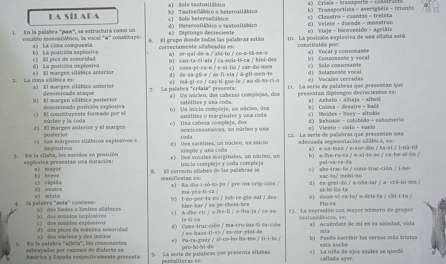 Resuelto:a) Solo tautosilábico a) Criais - transporte - constructo b ...