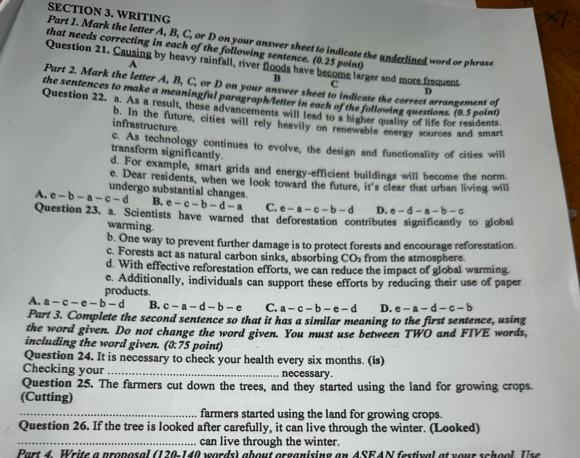 Giải quyết:WRITING Part 1. Mark the letter A, B, C, or D on your answer ...