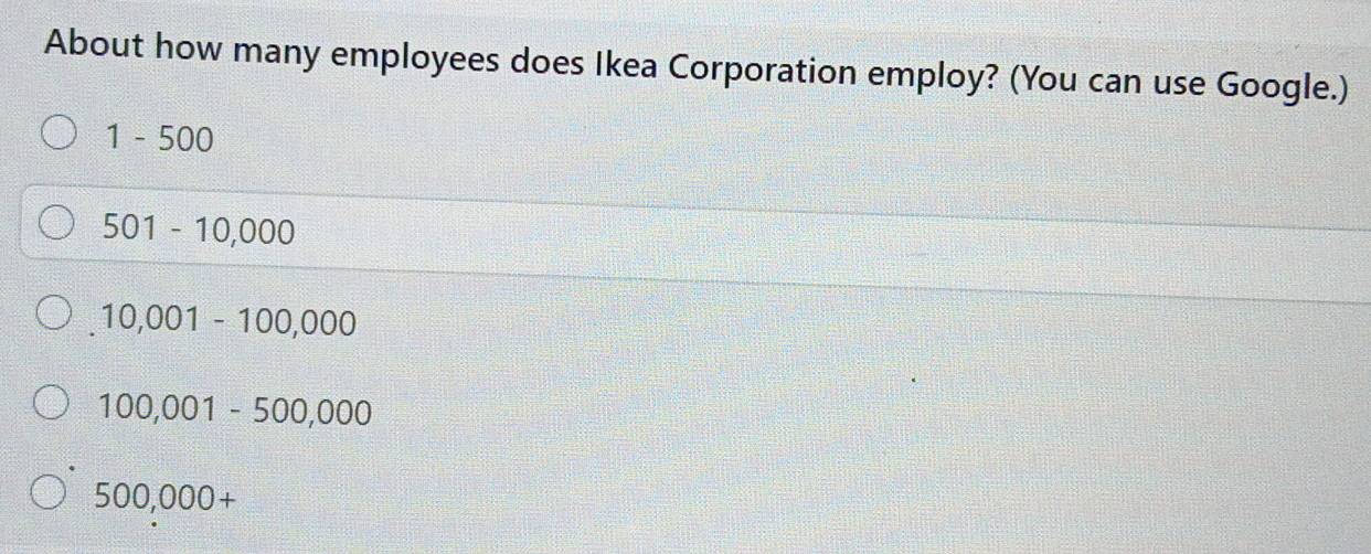 Solved: About how many employees does Ikea Corporation employ? (You can use Google.) 1-500 501 ...