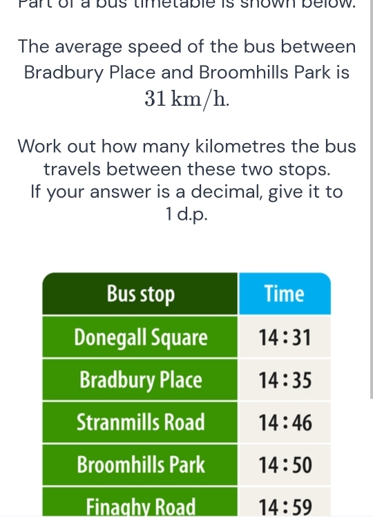 Solved: Part of a bus timetable is shown below. The average speed of the bus between Bradbury ...