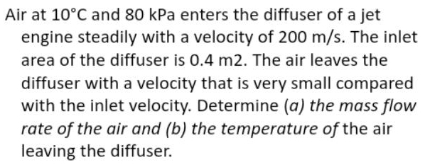 Solved: Air at 10°C and 80 kPa enters the diffuser of a jet engine ...