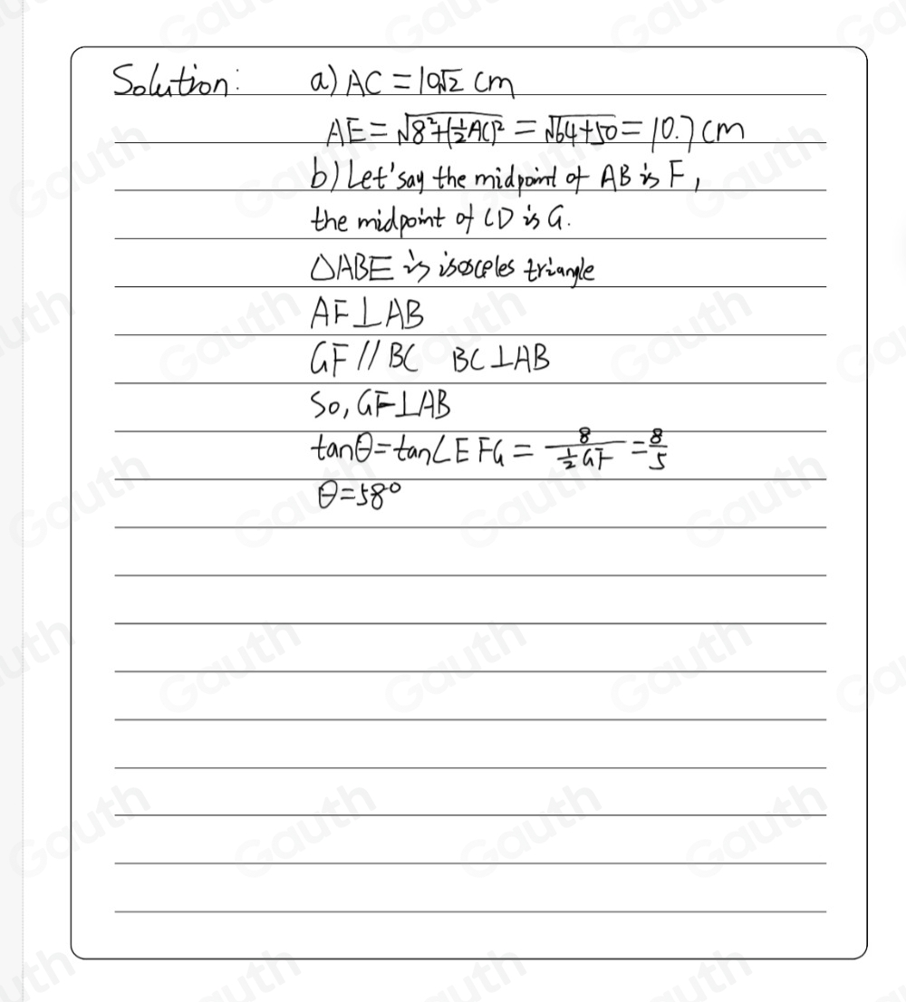 Solved: A right pyramid ABCDE has a square base ABCD of side 10cm.. The ...