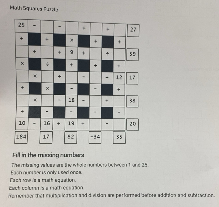 Solved: Math Squares Puzzle Fill in the missing numbers The missing ...