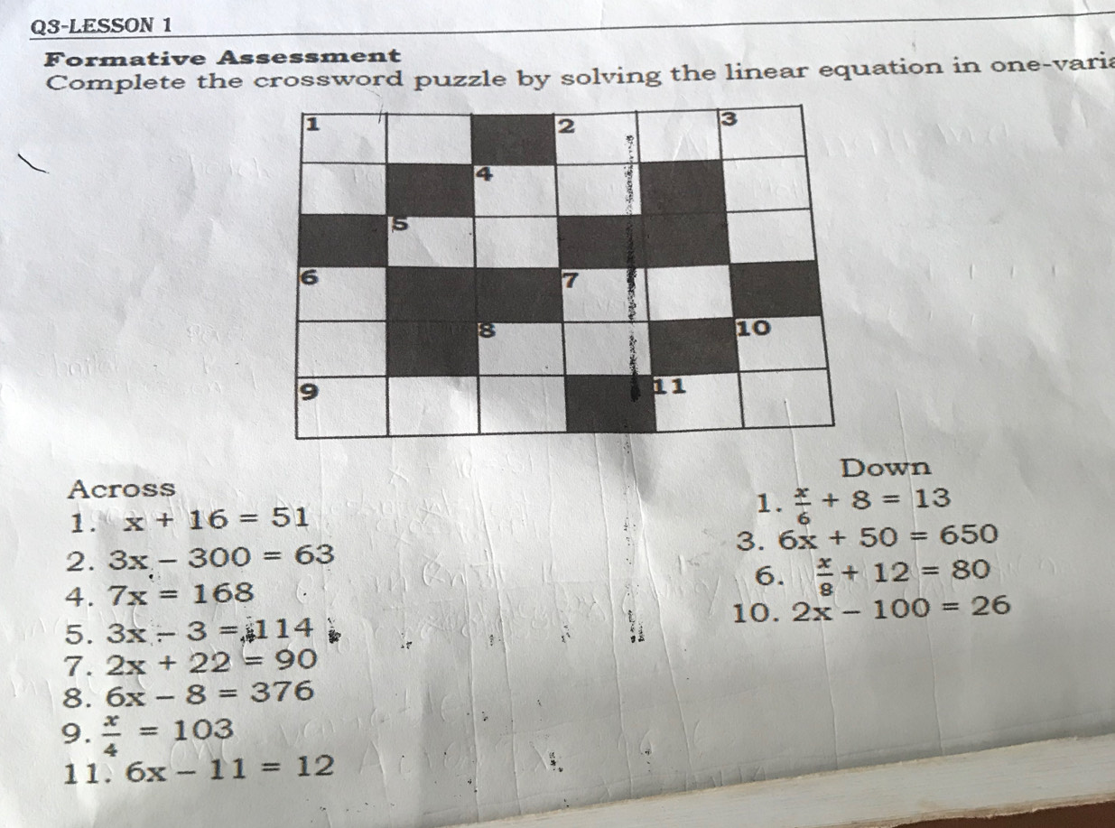 Solved: Q3-LESSON 1 Formative Assessment Complete the crossword puzzle ...