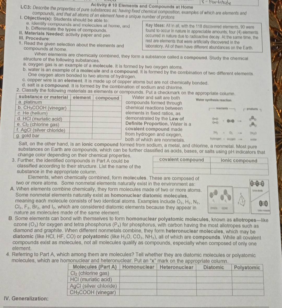 Solved: Activity # 10 Elements and Compounds at Home LC3: Describe the ...