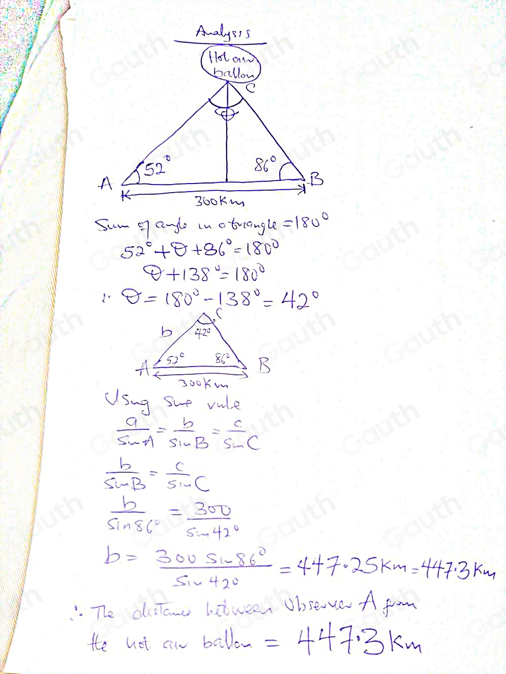 Solved: Two observers at a point A and B, 300 km apart, sight a hot air ...