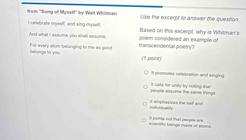 Solved: from ''Song of Myself'' by Walt Whitman Use the excerpt to ...