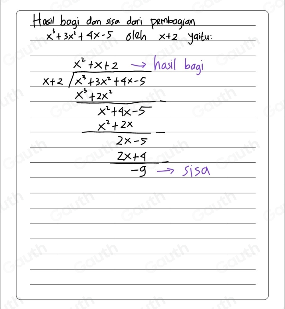 Telah dijawab:Hasil bagi dan sisa dari pembagian P(x)=x^3+3x^2+4x-5 ...