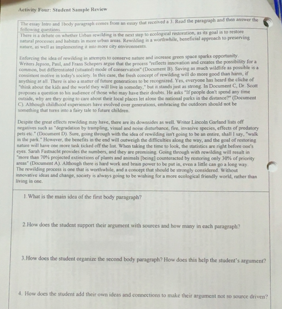 Resuelto:Activity Four: Student Sample Review The essay Intro and 1body ...