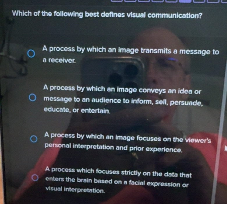 Solved: Which of the following best defines visual communication? A process by which an image ...