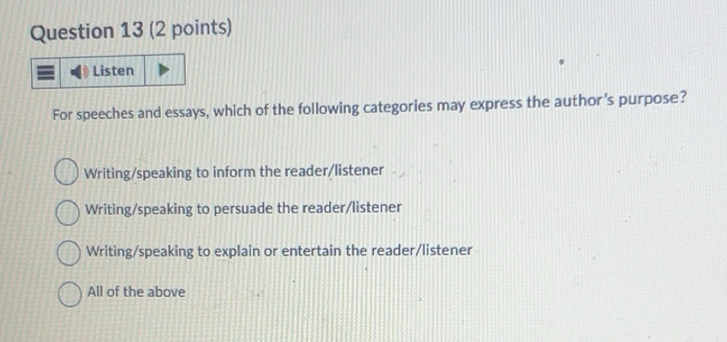 Solved: Listen For speeches and essays, which of the following ...
