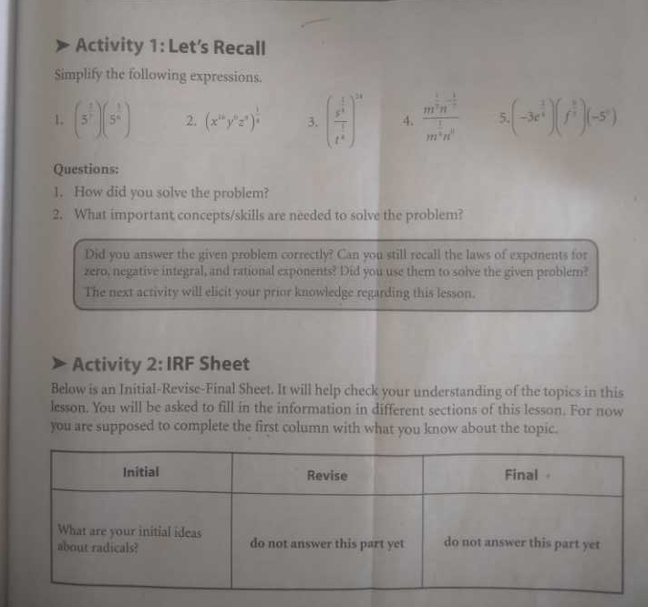 Solved: Activity 1: Let’s Recall Simplify the following expressions. 1. (5^(frac 1)7endpmatrix b ...