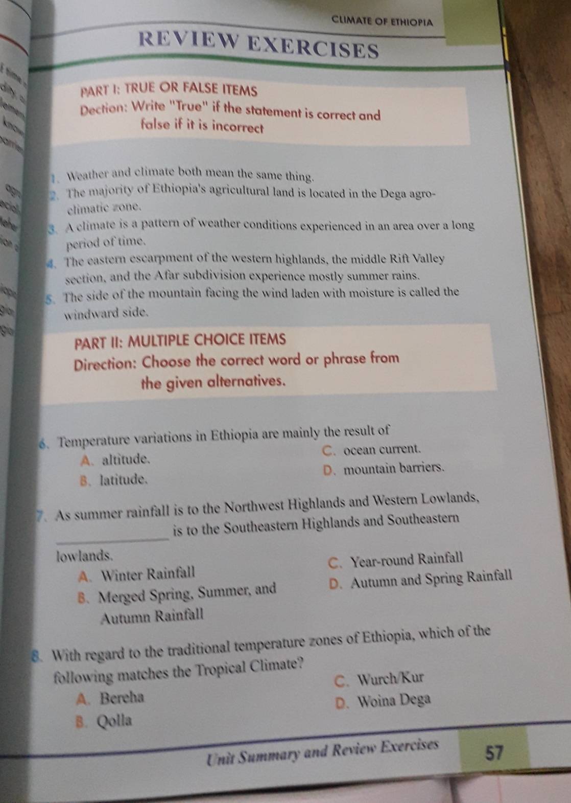 Solved: CLIMATE OF ETHIOPIA REVIEW EXERCISES time dìng c PART I: TRUE ...