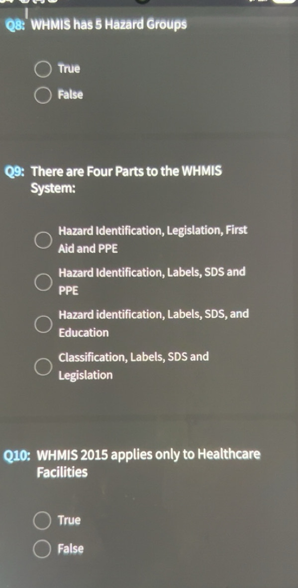 Solved: ' WHMIS has 5 Hazard Groups True False Q9: There are Four Parts ...