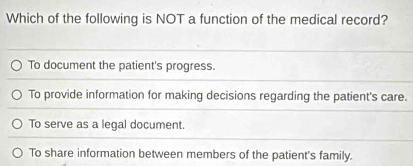 Solved: Which of the following is NOT a function of the medical record ...