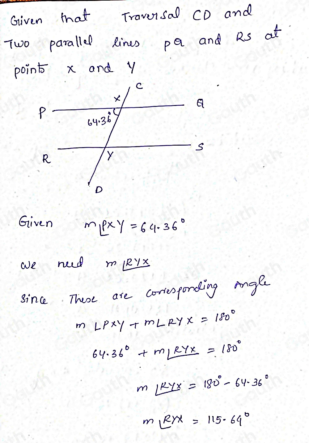 Solved: Transversal CD cuts parallel lines PQ and RS at points X and Y, respectively. Points P ...