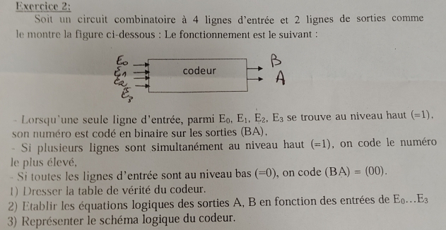 Solved: Soit un circuit combinatoire à 4 lignes d'entrée et 2 lignes de sorties comme le montre ...