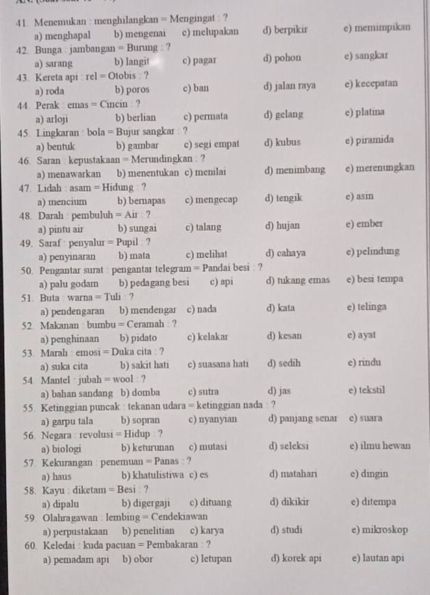 Telah dijawab:Menemukan : menghilangkan = Mengingat : ? a) menghapal b ...