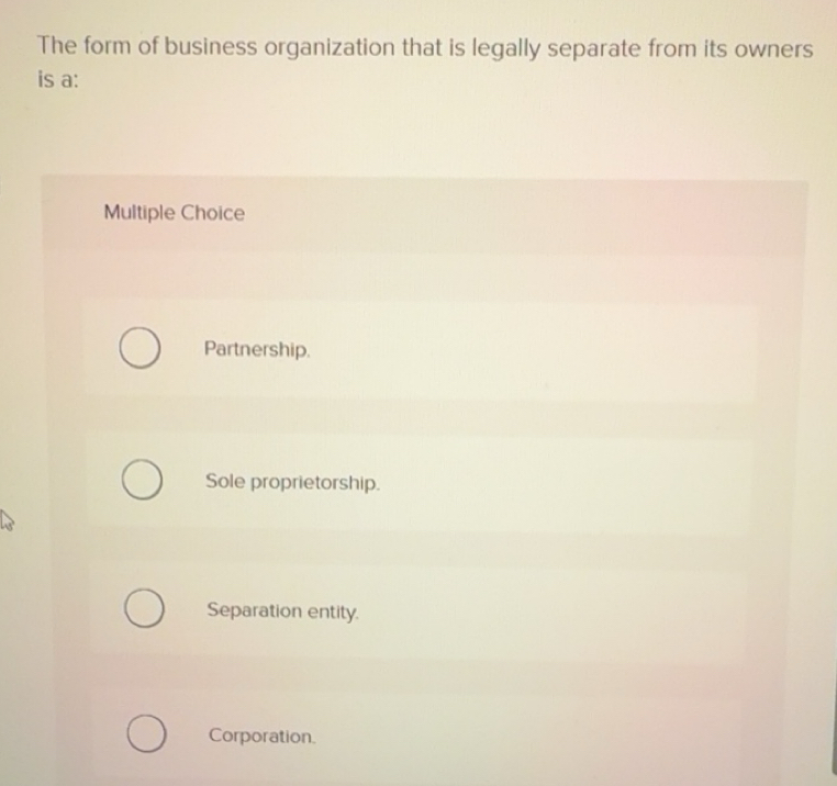 Solved: The form of business organization that is legally separate from ...
