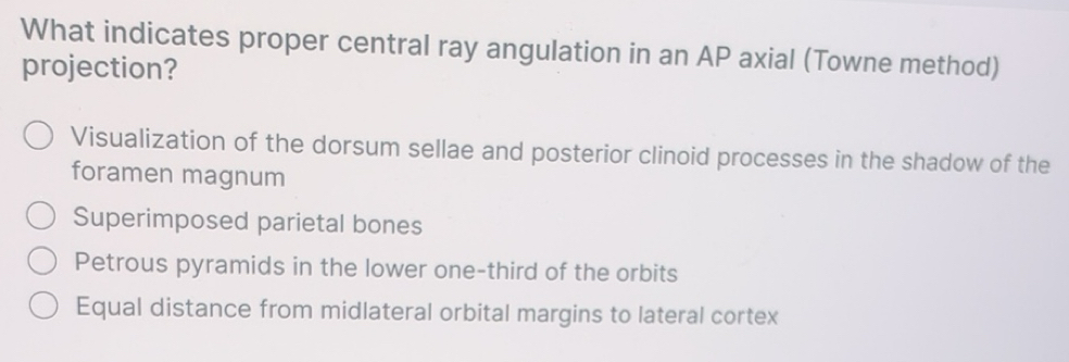 Solved: What indicates proper central ray angulation in an AP axial ...