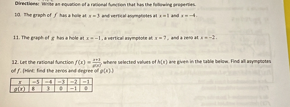 Solved: Directions: Write an equation of a rational function that has the following properties ...